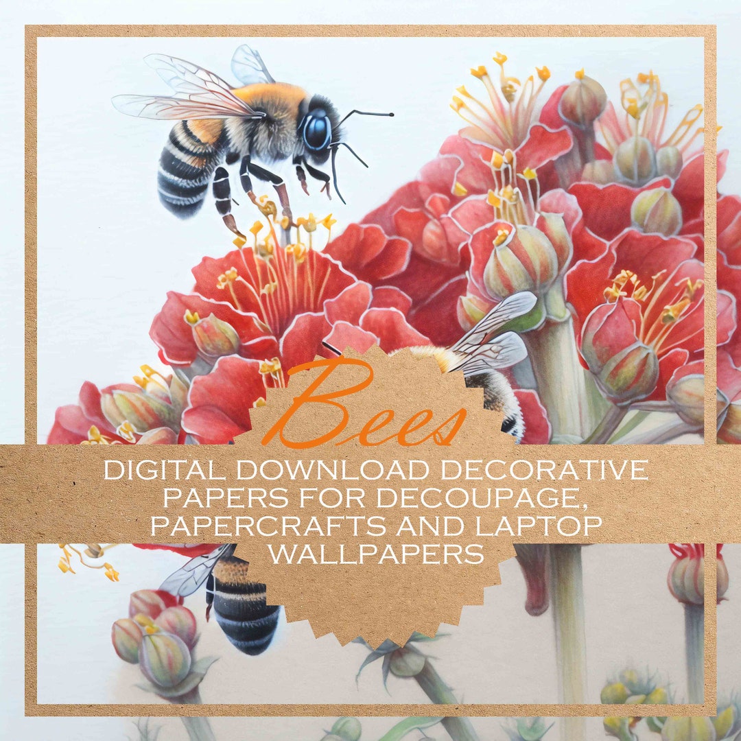 Bees: Decoupage Paper 10x Floral Designs With Bees/ DIGITAL PAPERS for ...