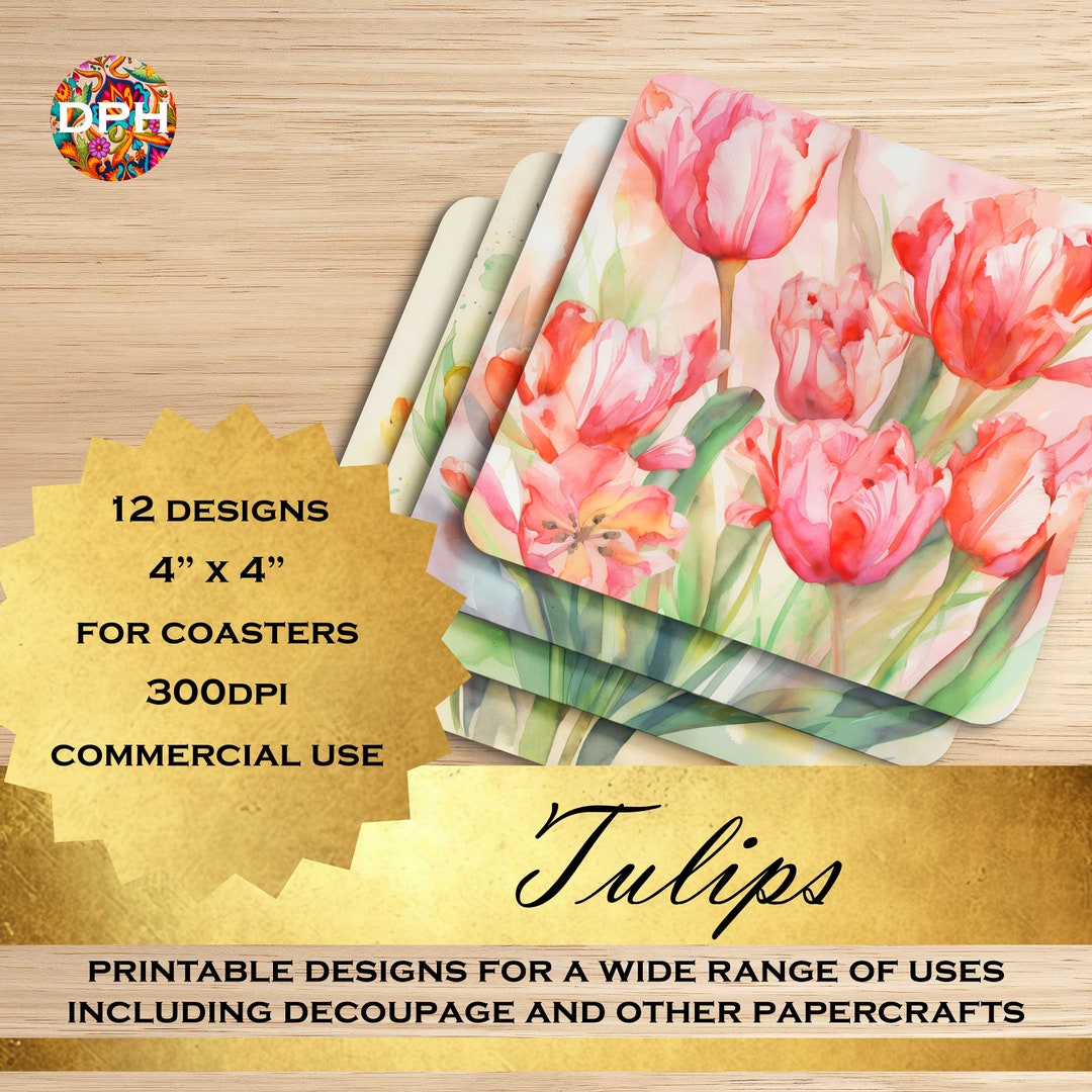 Printable 4"x4" Images / TULIPS Theme / for Coasters, Greetings Cards ...