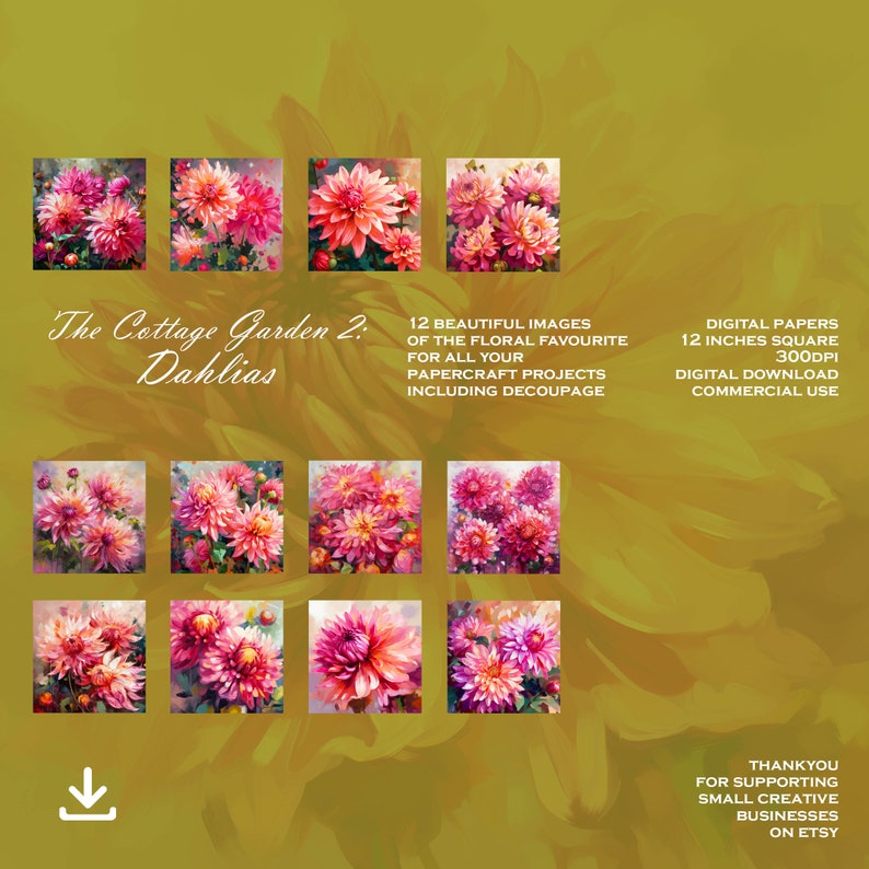 Cottage Garden 2 Dahlias: Decoupage Paper 12x Floral Designs/ DIGITAL ...