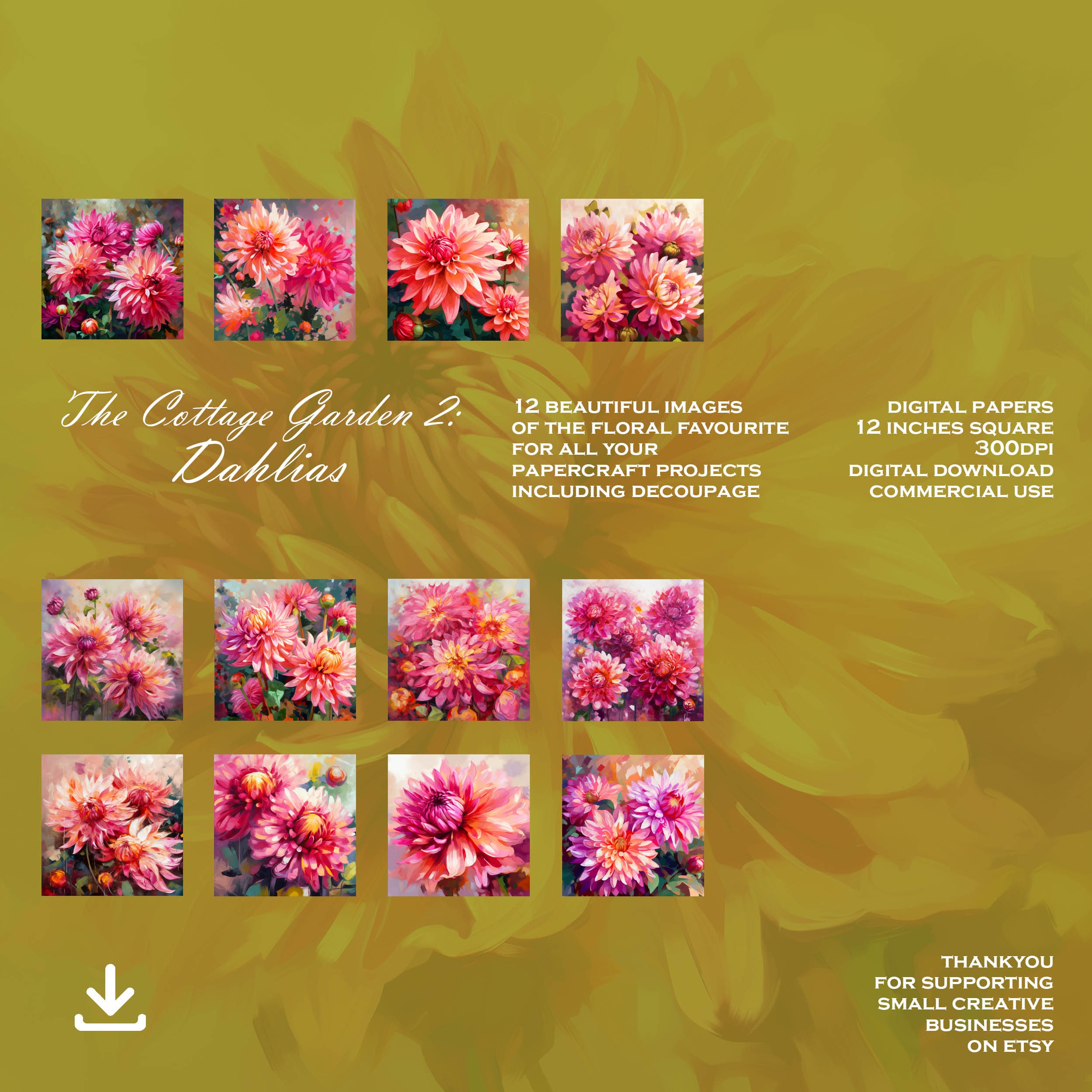 Cottage Garden 2 - Dahlias: Decoupage Paper 12x Floral Designs/ DIGITAL ...