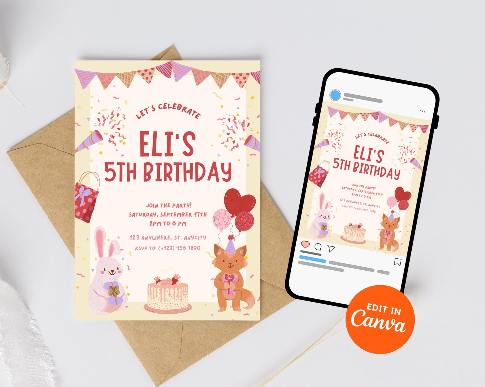 Editable Children Birthday Invitation Template, Fifth Birthday ...