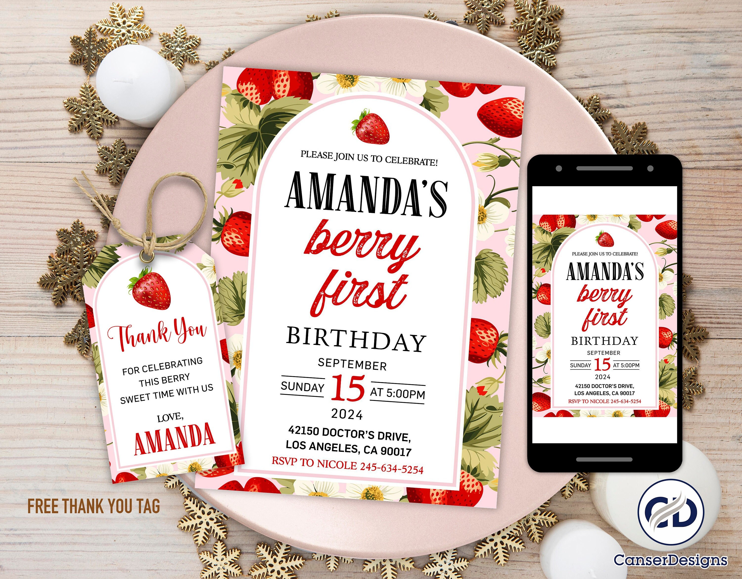 Editable Berry First Birthday Invitation Template, Modern Strawberry ...