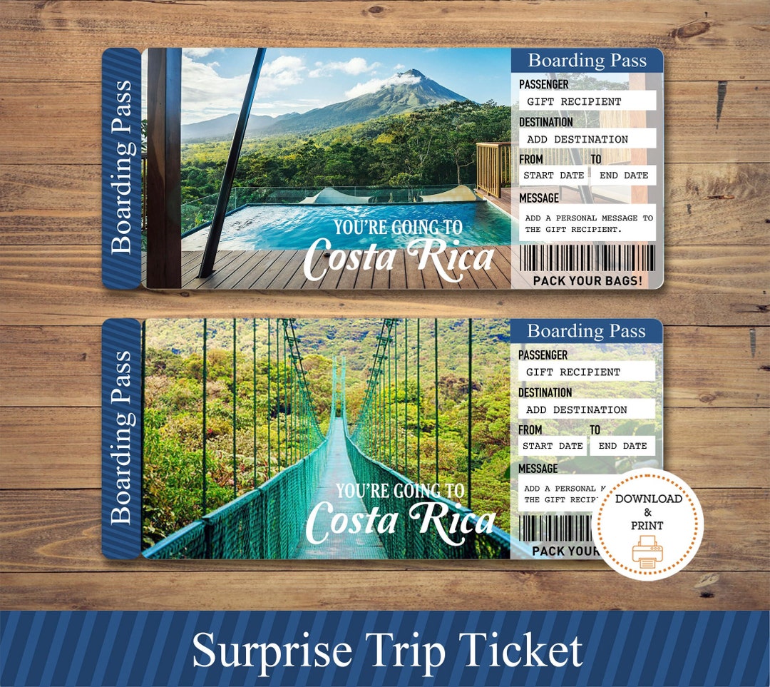 Printable COSTA RICA Surprise Trip Gift Ticket. Boarding Pass. Trip ...