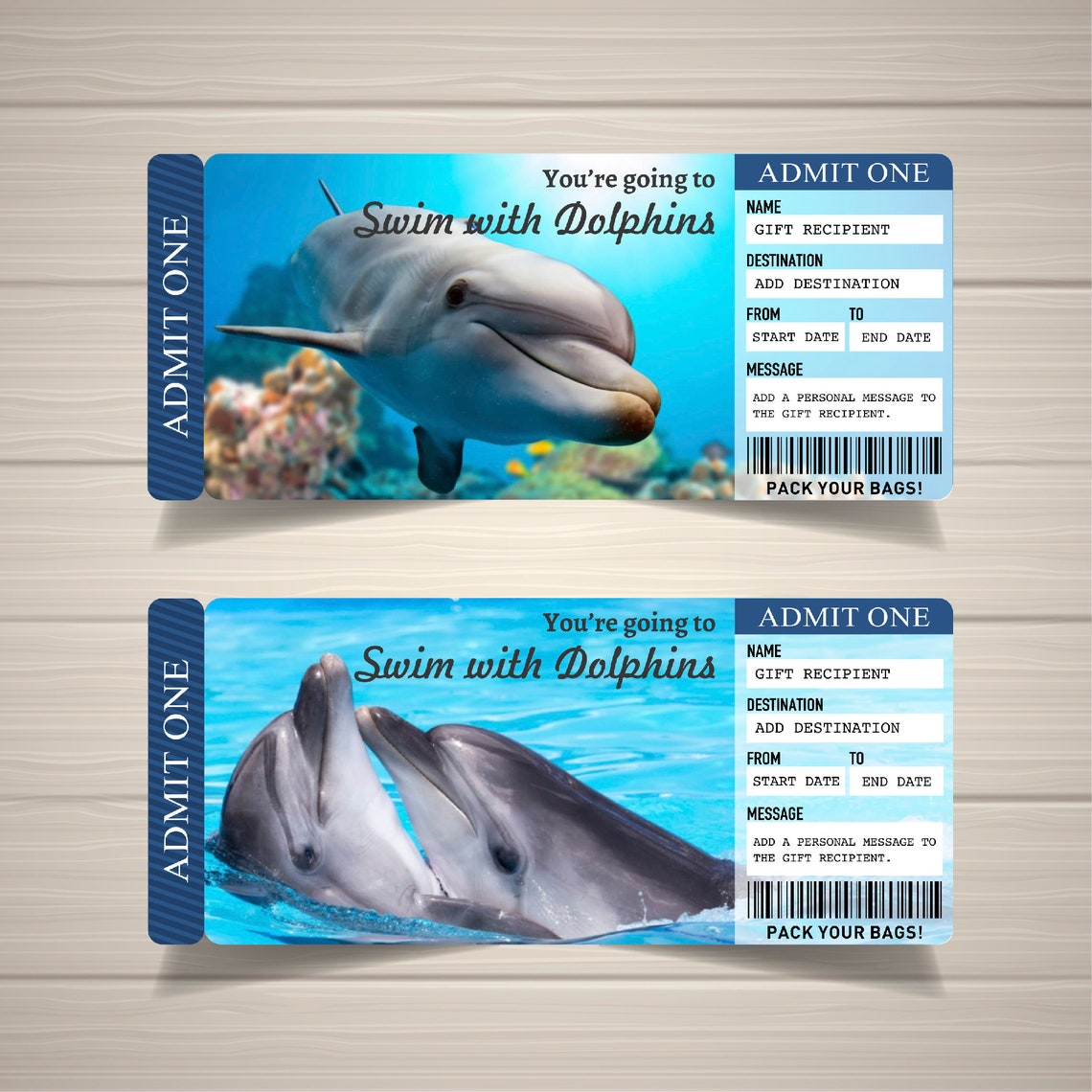 Printable SWIM With DOLPHINS Surprise Trip Tickets. Vacation Ticket ...
