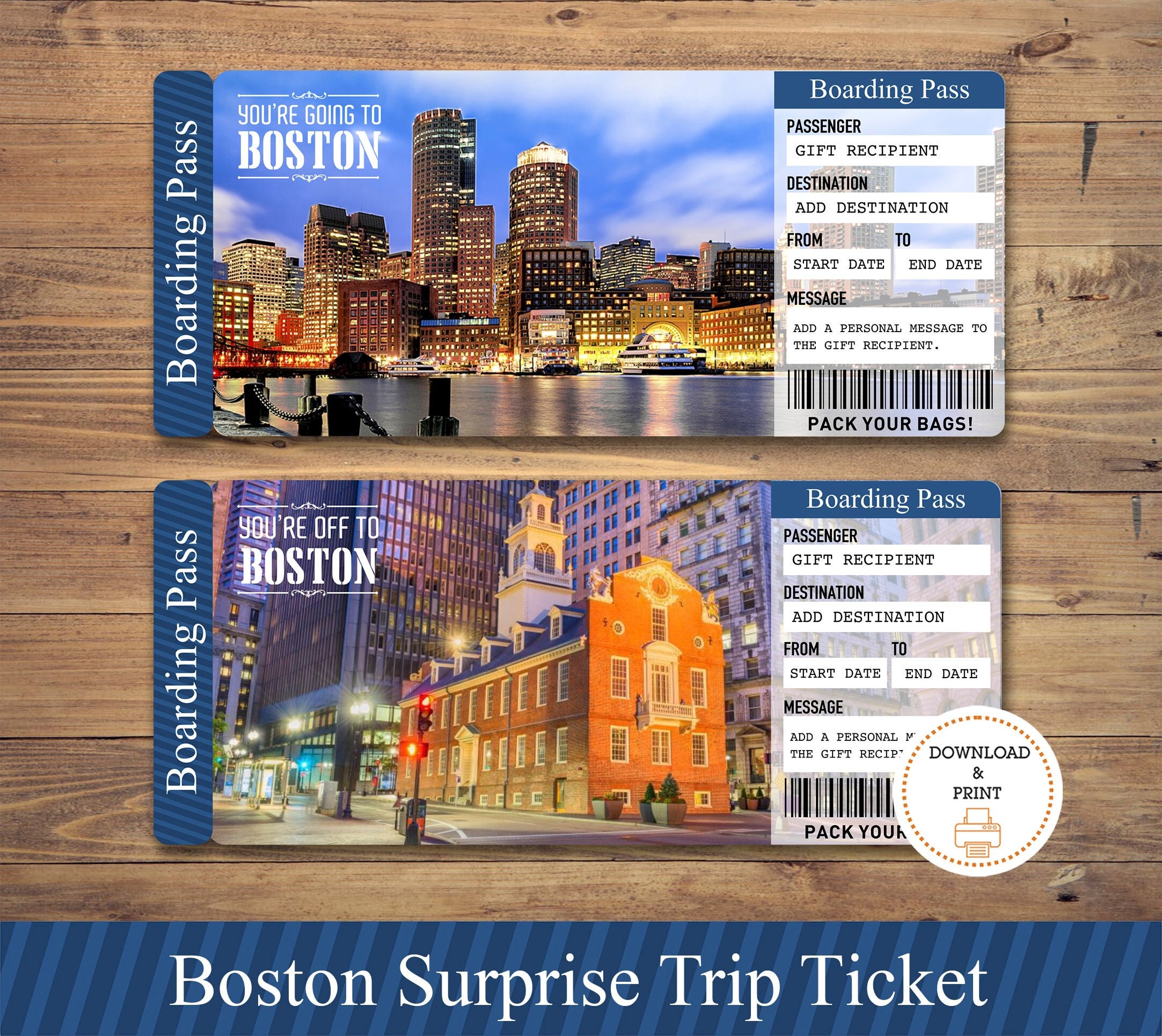 Editable BOSTON Surprise Trip Gift Ticket. Boarding Pass. Trip Ticket ...