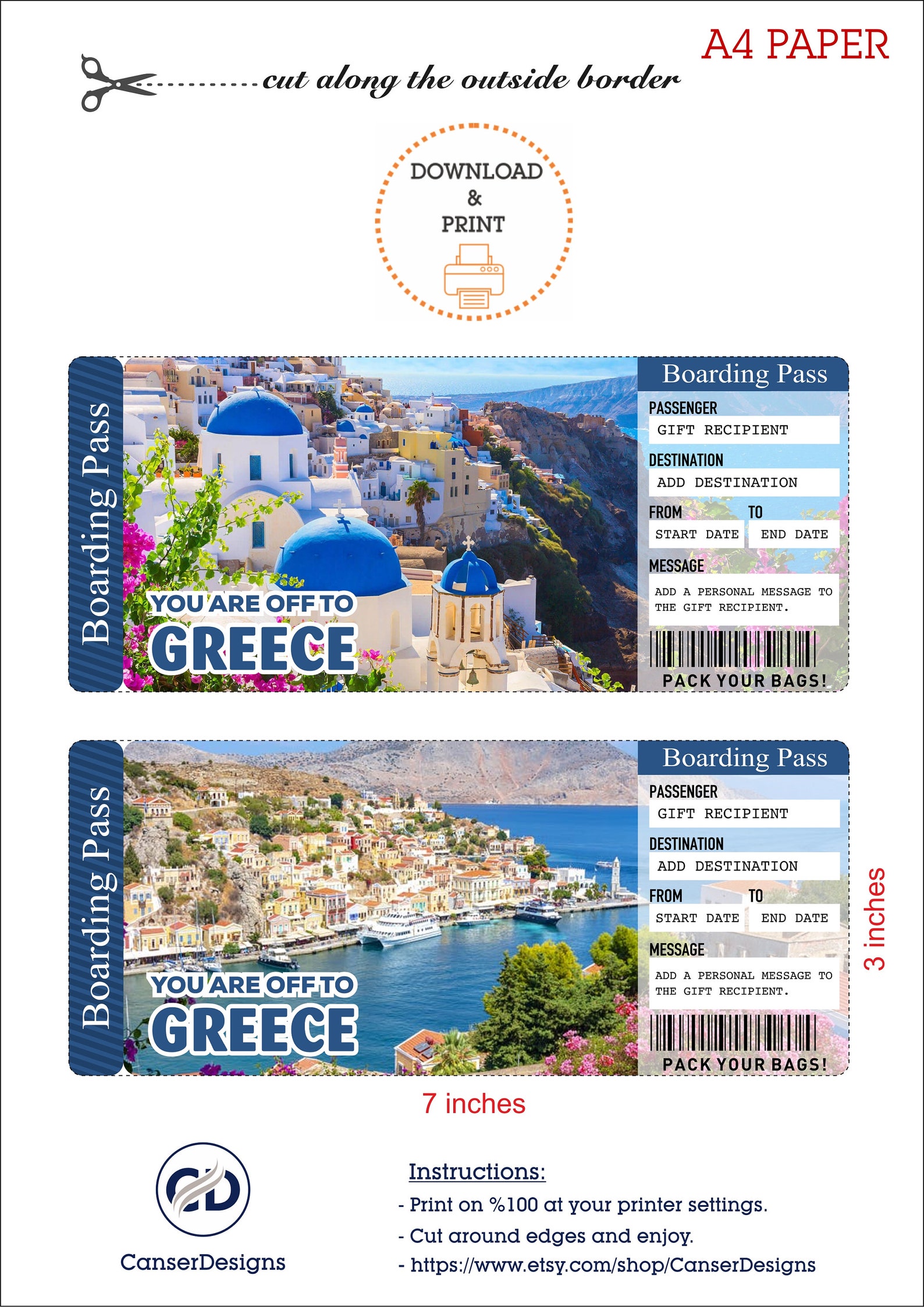 Editable GREECE Surprise Trip Gift Ticket. Boarding Pass. Printable ...