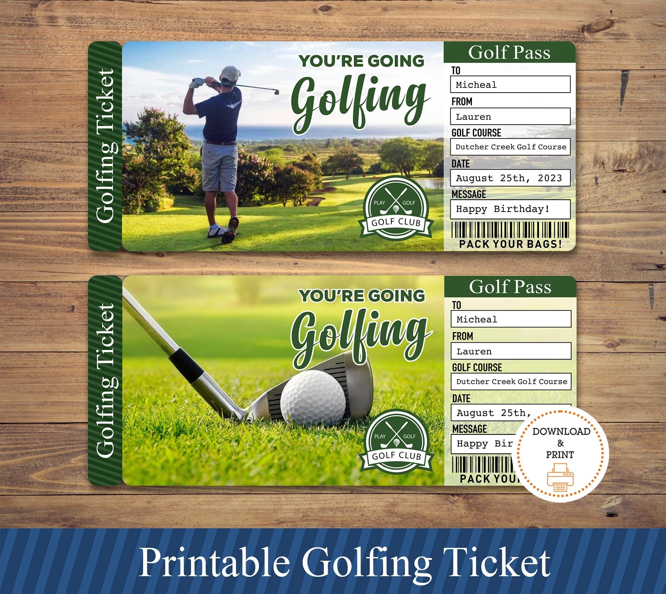 Printable Golfing Trip Ticket: Surprise Vacation Boarding Pass (instant ...