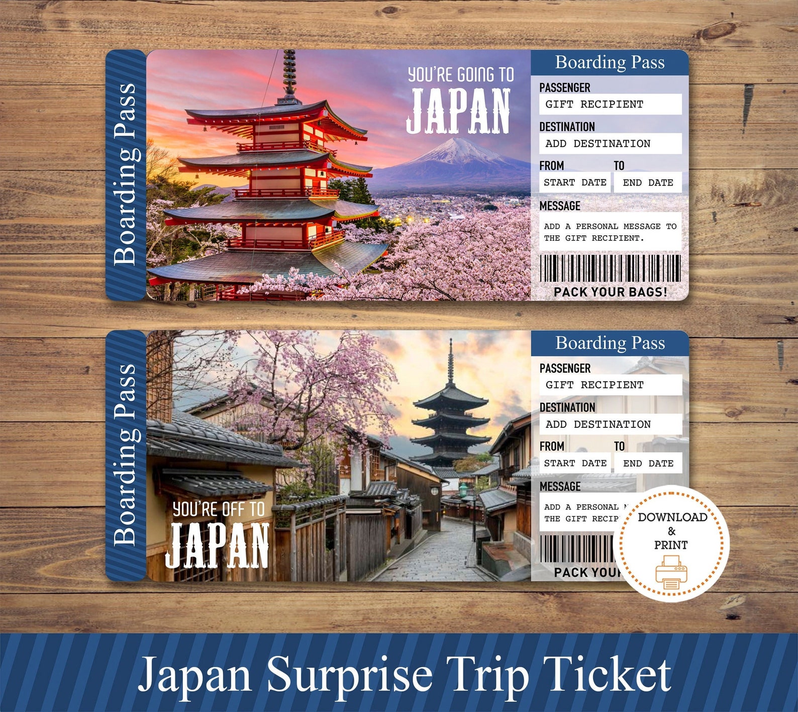 Printable JAPAN Surprise Trip Gift Ticket. Boarding Pass. Trip Ticket ...