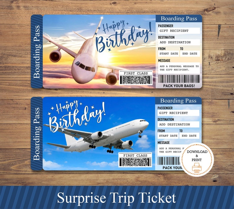 Boleto de avión de cumpleaños imprimible, boleto de viaje sorpresa ...