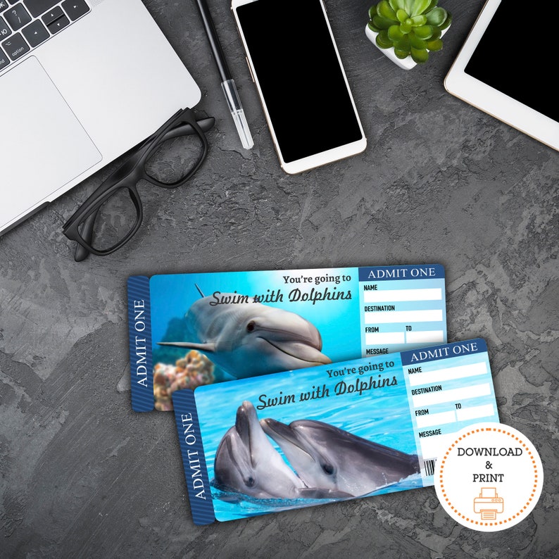 Printable SWIM With DOLPHINS Surprise Trip Tickets. Vacation Ticket. Boarding Pass. Dolphin ...