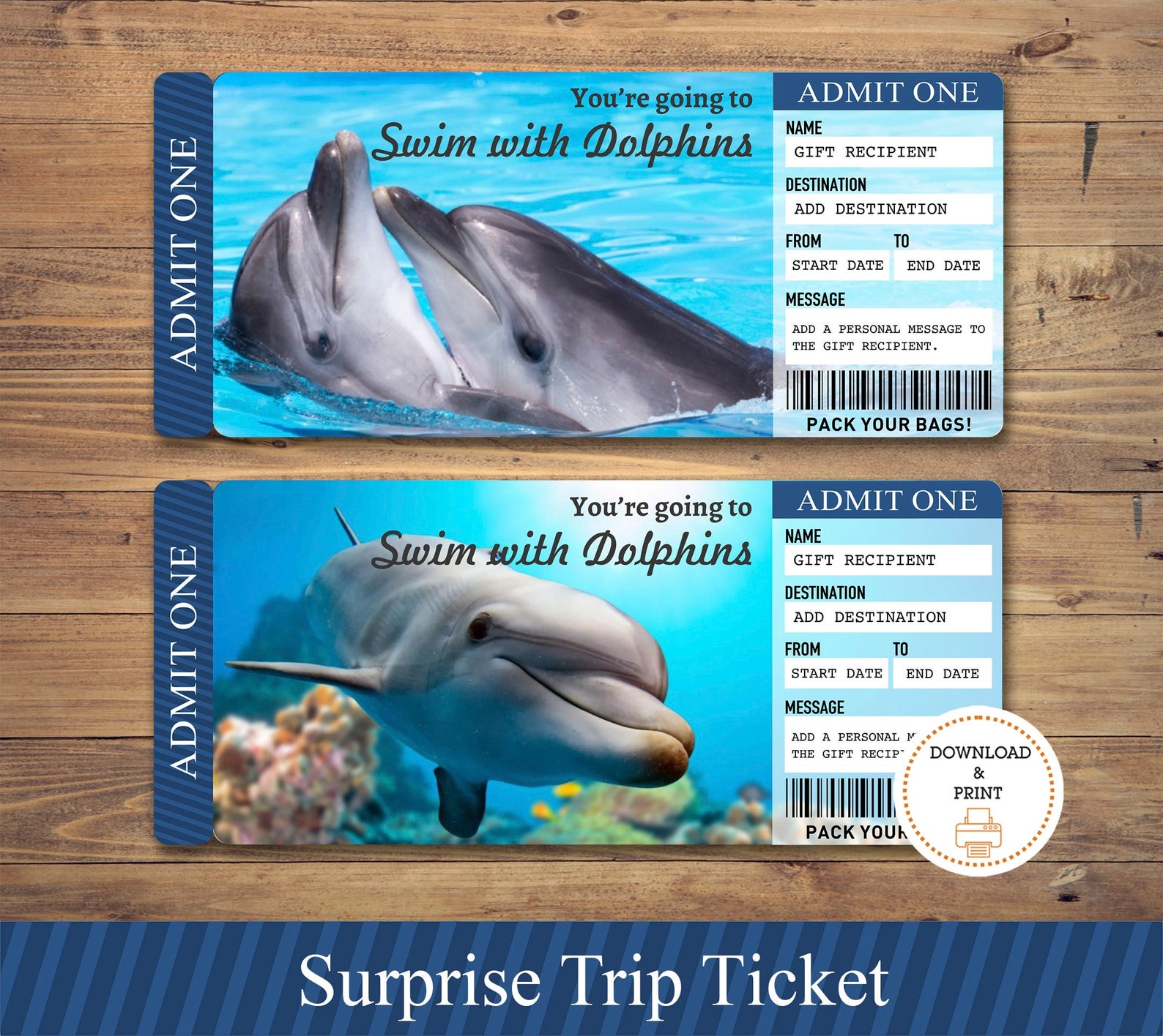 Printable SWIM With DOLPHINS Surprise Trip Tickets. Vacation Ticket ...