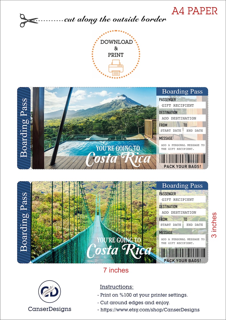 Printable COSTA RICA Surprise Trip Gift Ticket. Boarding Pass. Trip ...