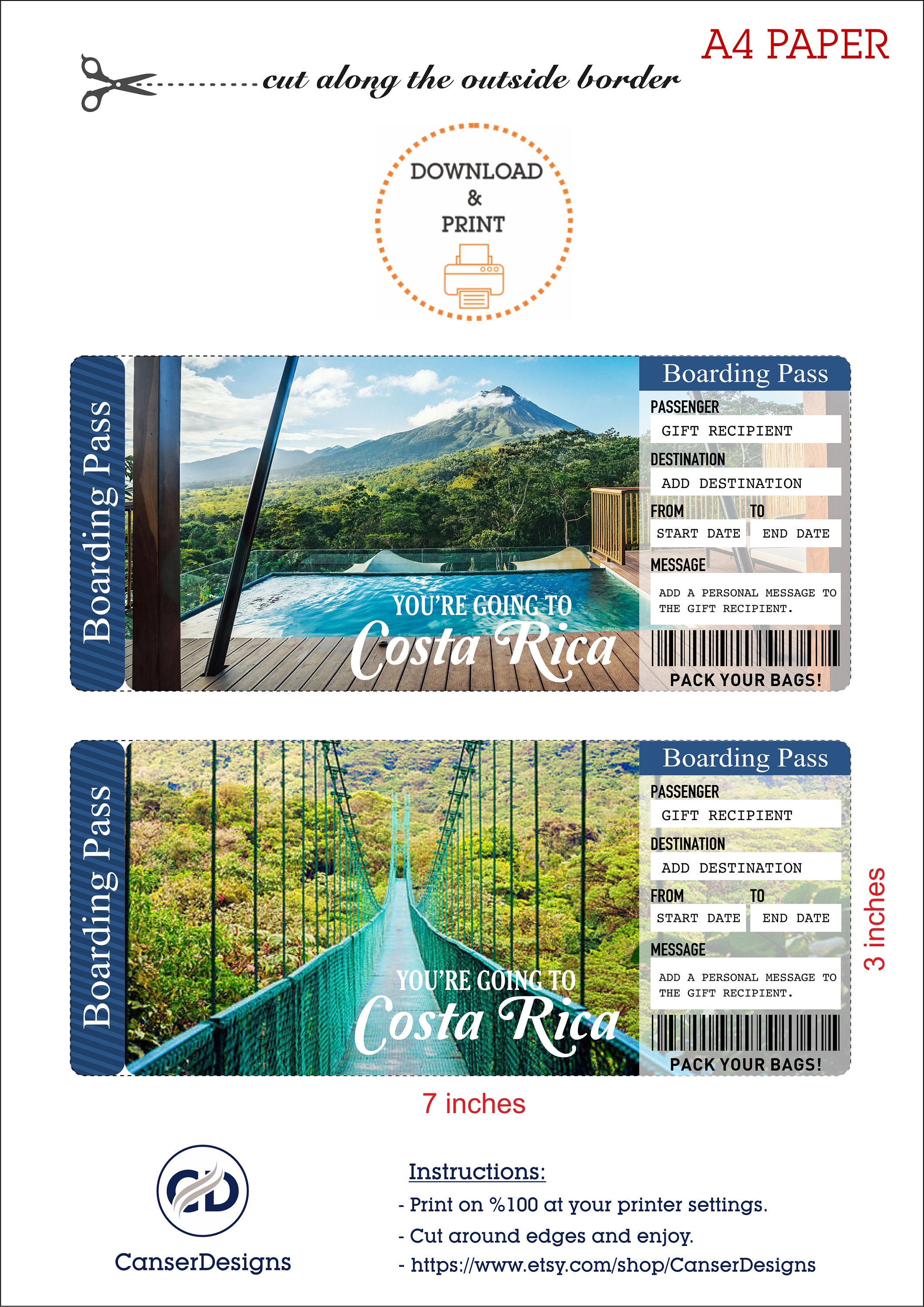 Printable COSTA RICA Surprise Trip Gift Ticket. Boarding Pass. Trip ...