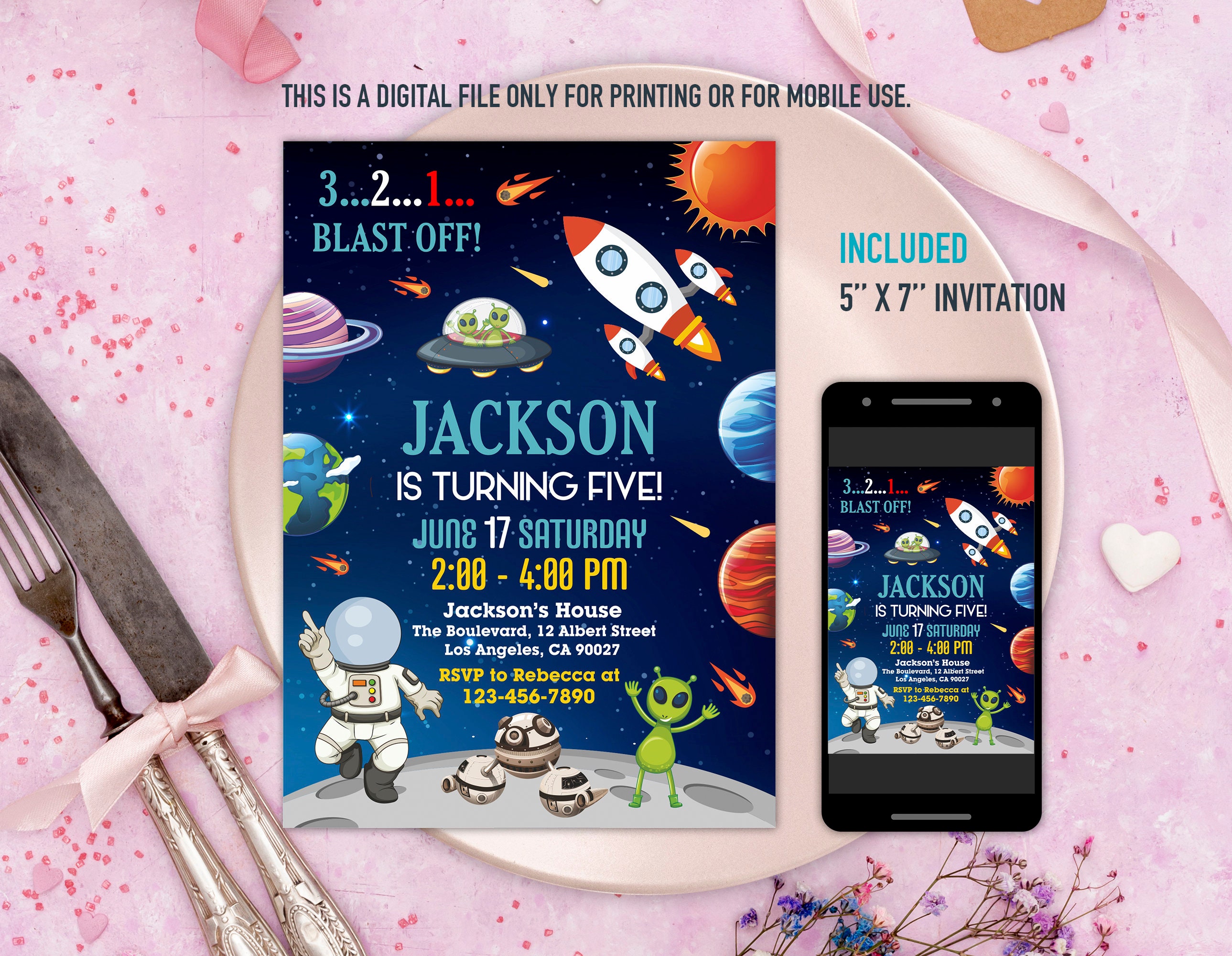 Space Birthday Invitation Card, Outer Space Birthday Invitation, Planet ...