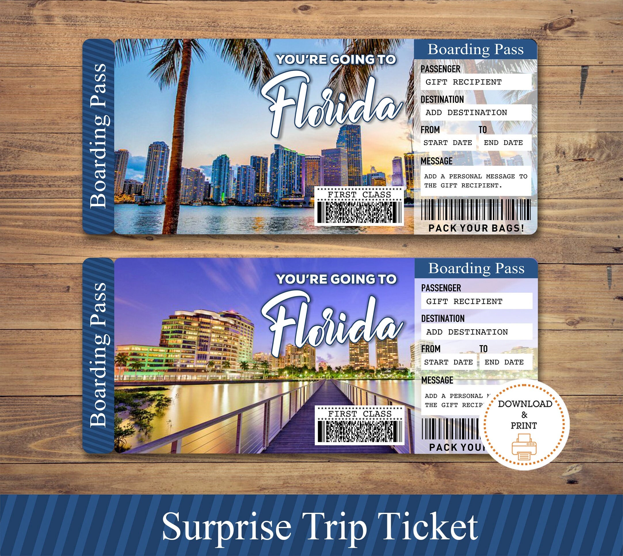 Printable FLORIDA Surprise Trip Gift Ticket. Boarding Pass. Printable ...