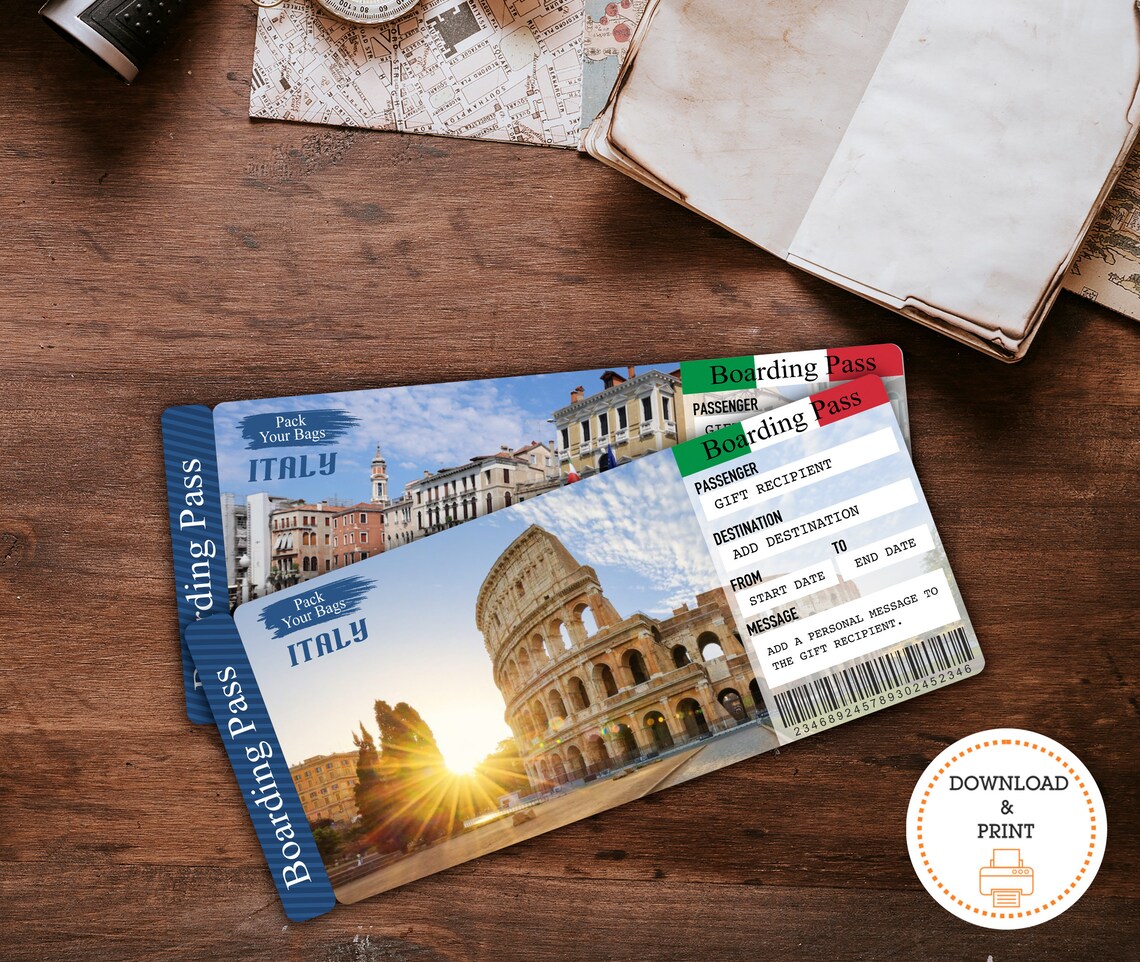 ITALY Surprise Trip Gift Ticket. Boarding Pass. Ticket. Trip Ticket ...
