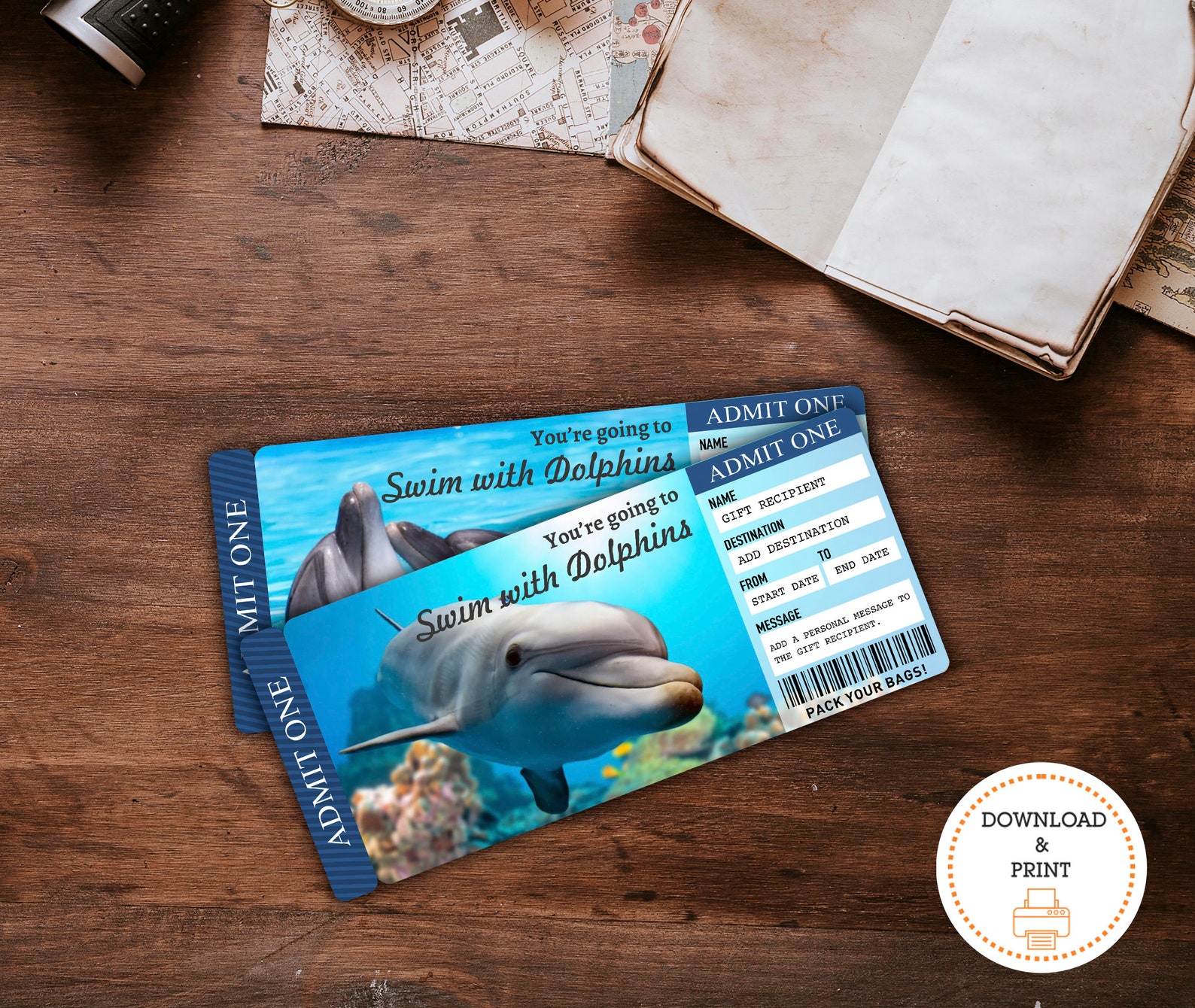 Printable SWIM With DOLPHINS Surprise Trip Tickets. Vacation Ticket ...