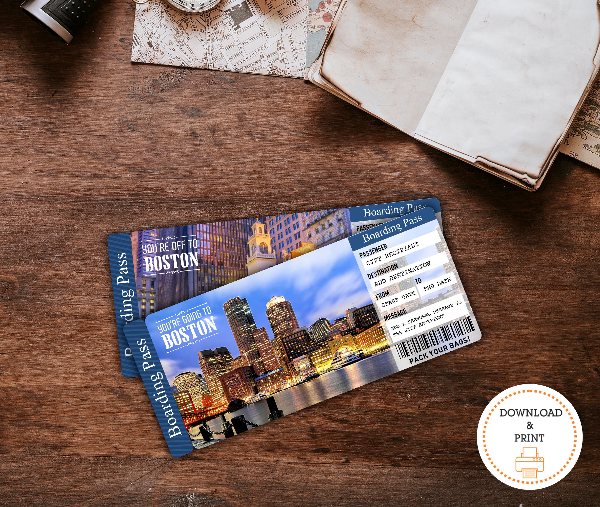 Editable BOSTON Surprise Trip Gift Ticket. Boarding Pass. Trip Ticket ...