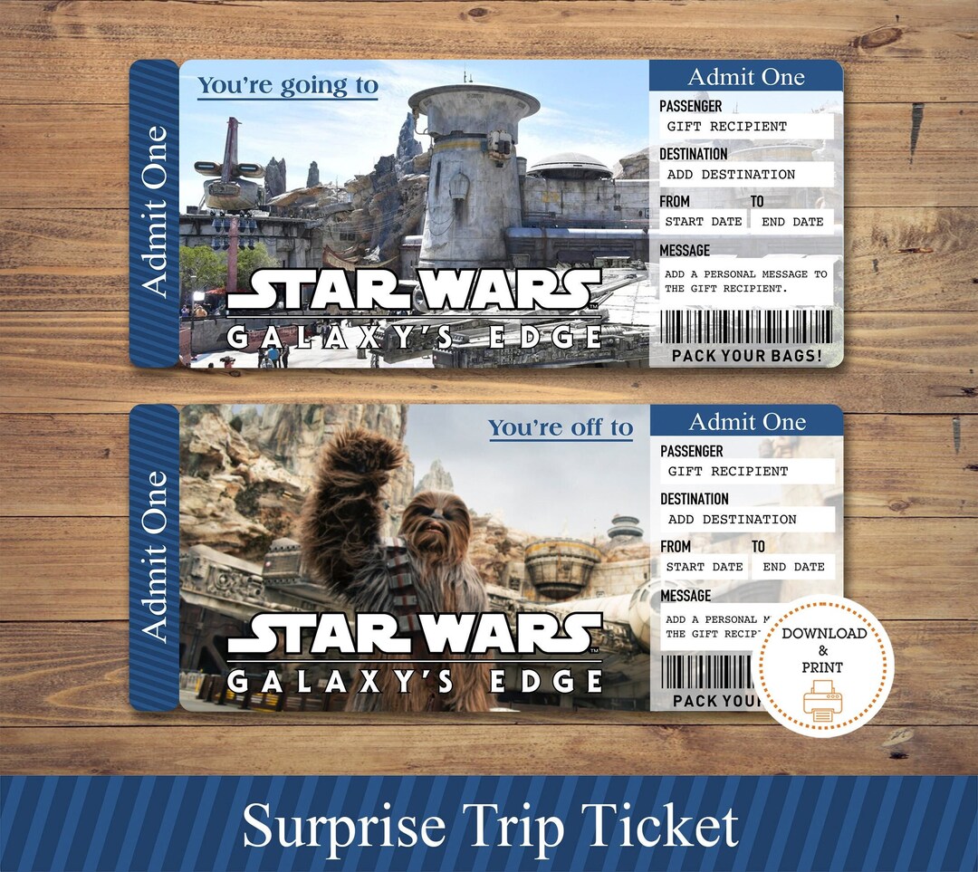 Printable STAR WARS Galaxy Edge Surprise Trip Gift Ticket, Printable Star Wars Pass Printable ...