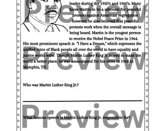 Martin Luther King Jr Reading Comprehension - Etsy