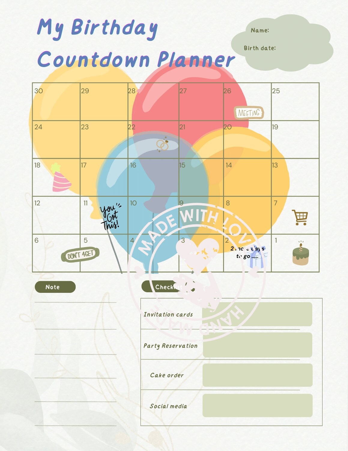 High-resolution Printable Birthday Countdown Planner and Happy Birthday ...