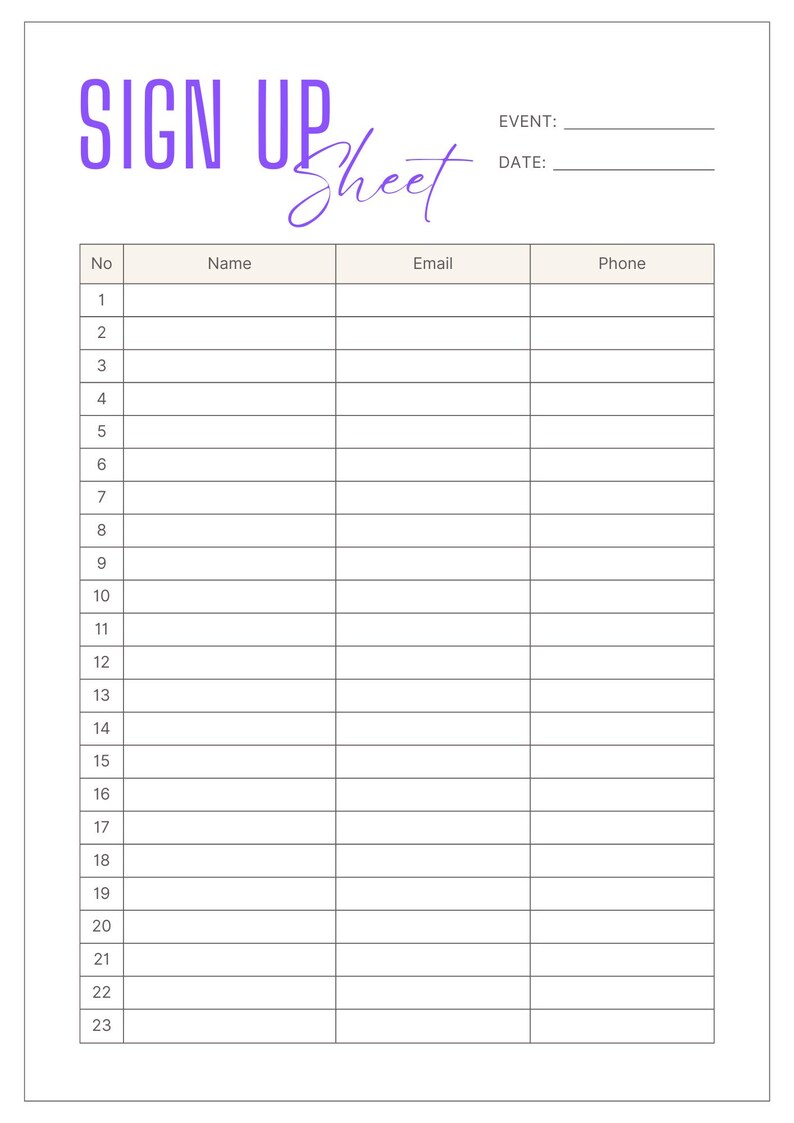 Sign up Sheet - Etsy