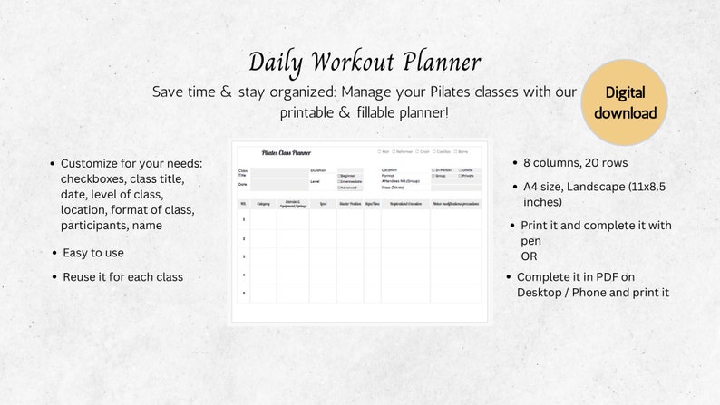 Pilates Class Planner for Instructors: Digital & Printable (PDF) - Etsy