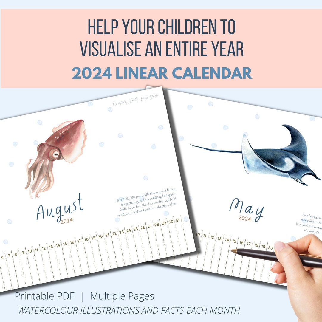 2024 Linear Calendar, Printable, Montessori Calendar, Watercolour ...