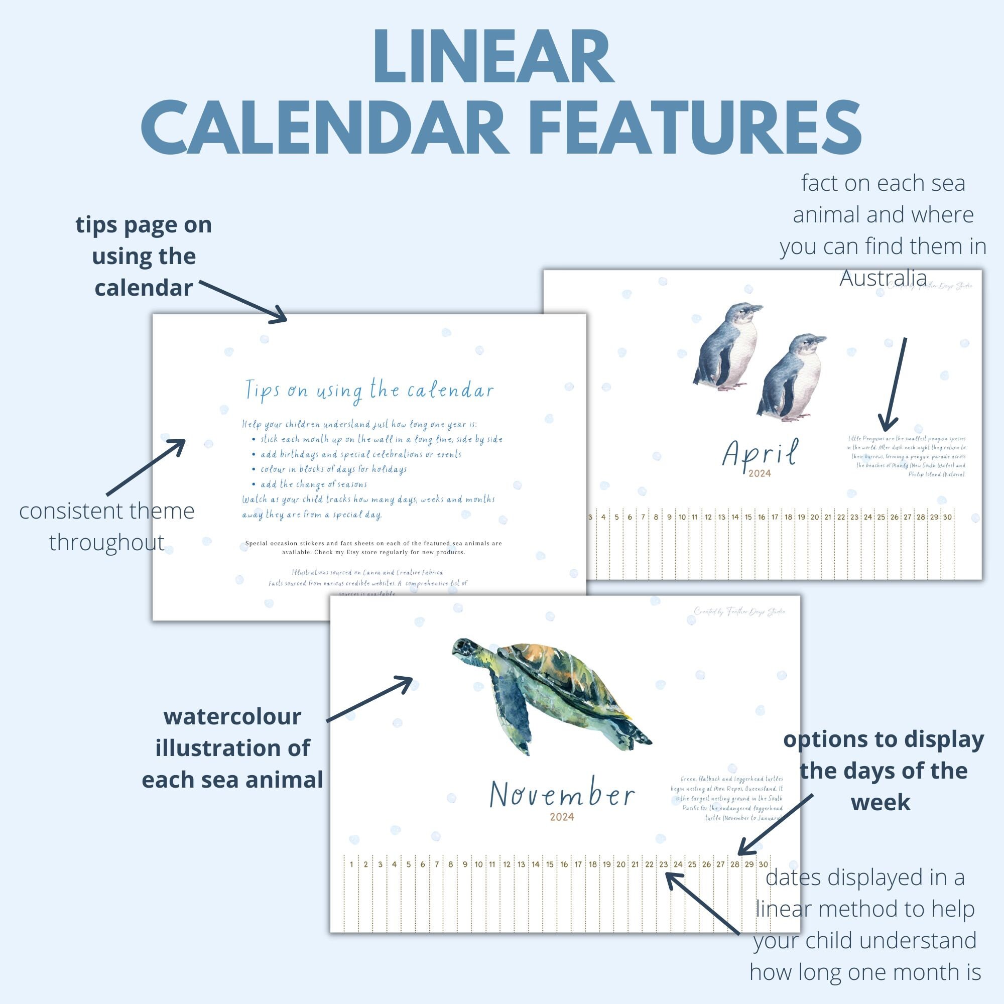 2024 Linear Calendar, Printable, Montessori Calendar, Watercolour ...