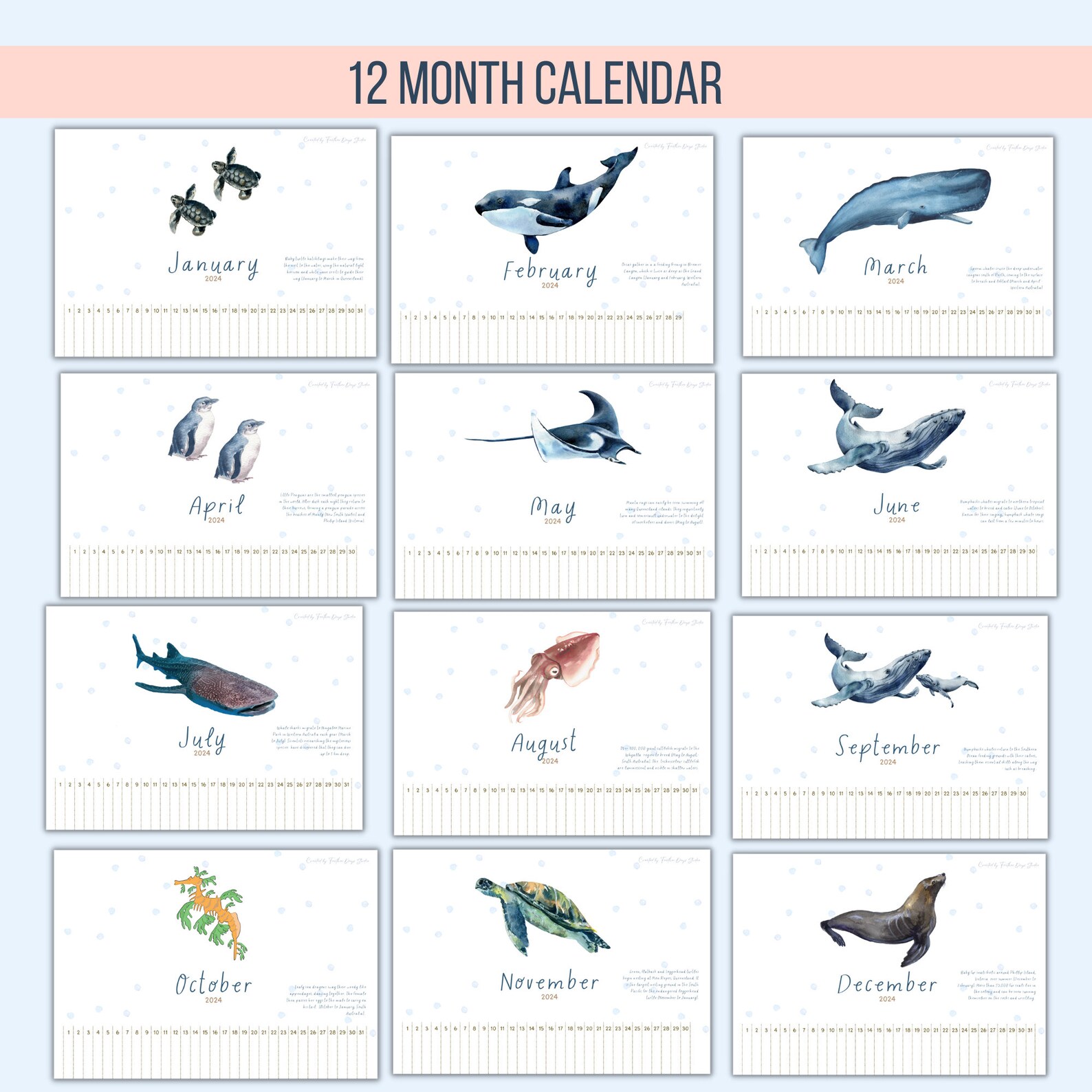 2024 Linear Calendar, Printable, Montessori Calendar, Watercolour ...