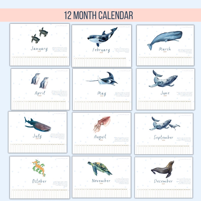 2024 Linear Calendar, Printable, Montessori Calendar, Watercolour ...