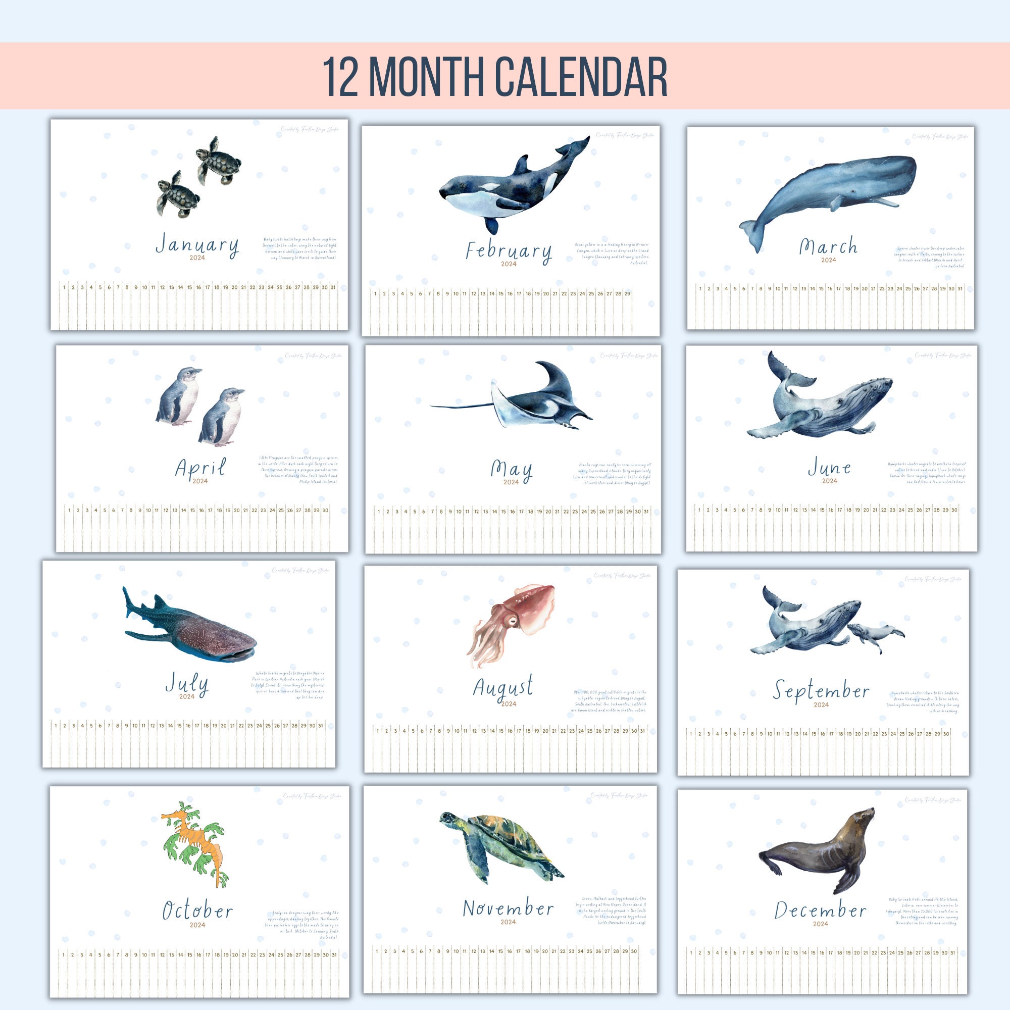 2024 Linear Calendar, Printable, Montessori Calendar, Watercolour ...