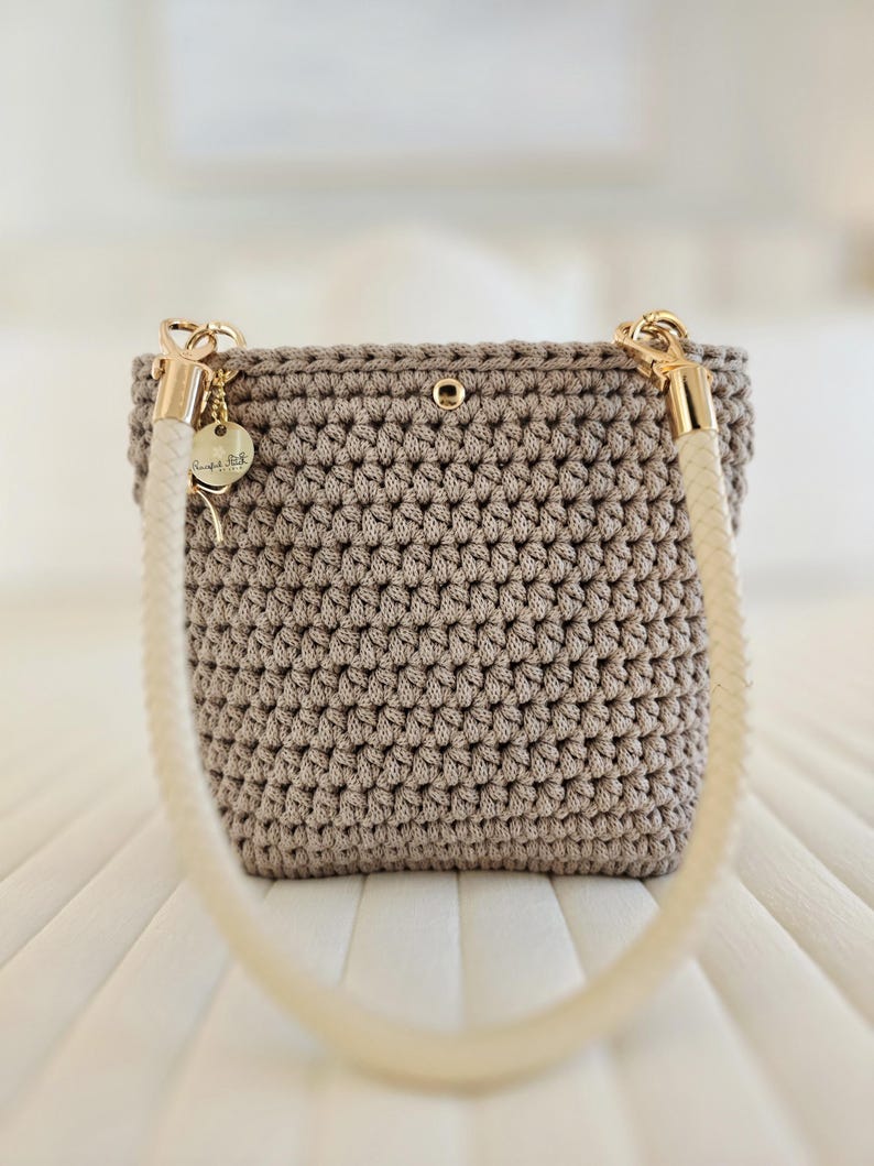 Handmade Crochet Shoulder Bag: Taupe Recycled Cotton Cord, Ivory ...