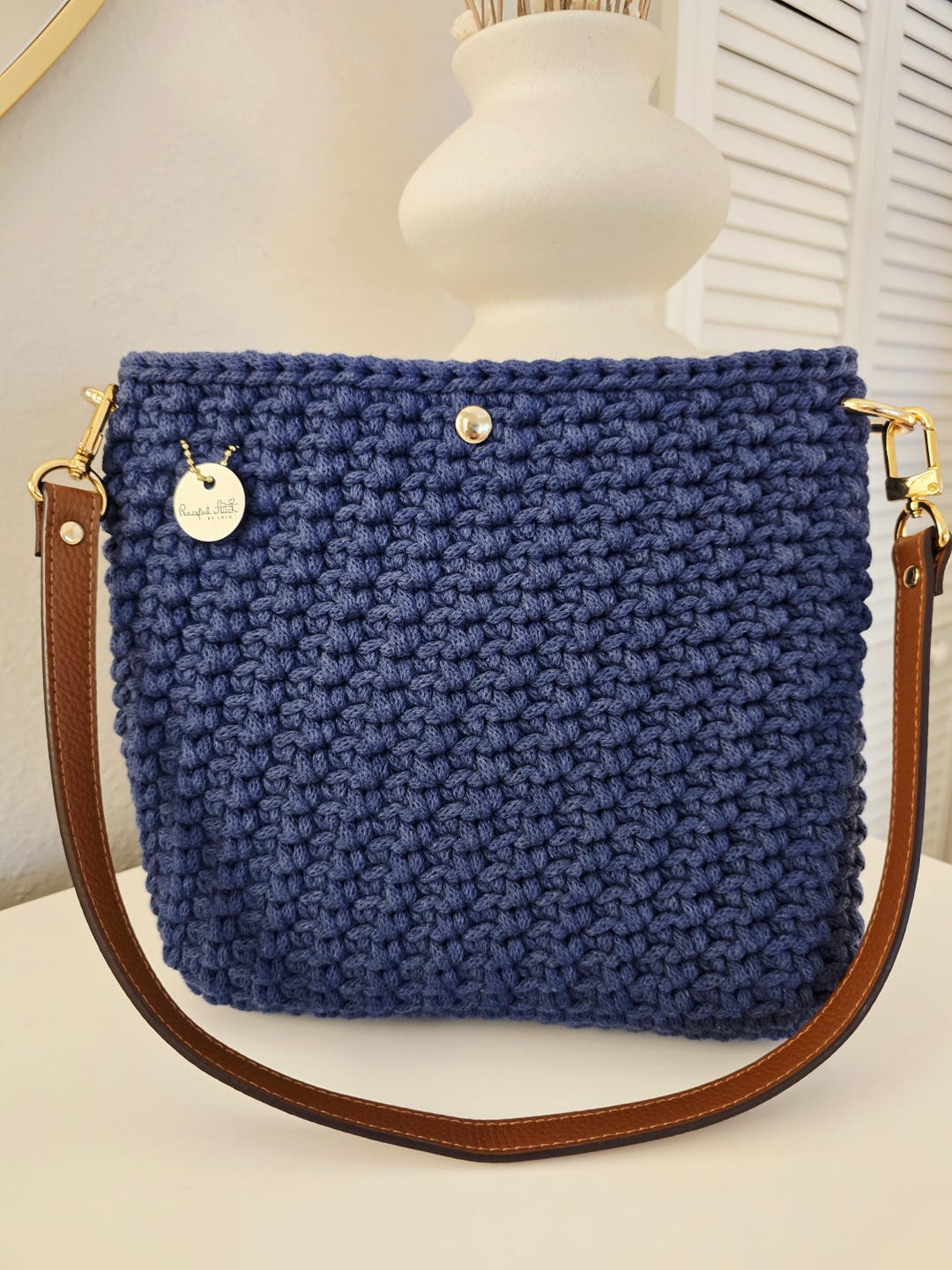 Navy Blue Crocheted Shoulder Bag With Full Grain Leather Strap/boho ...