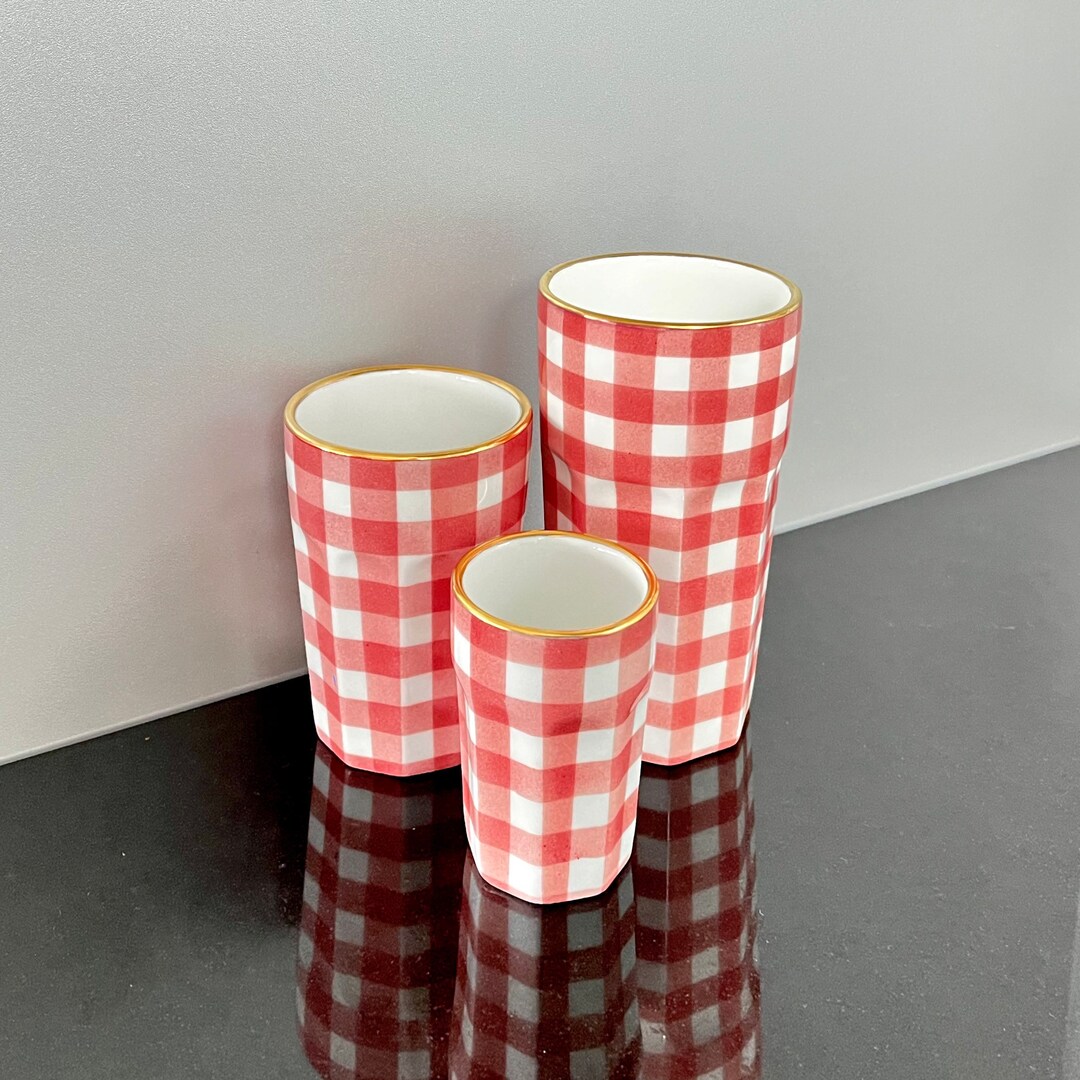 Espresso and Coffee Mug Vichy Design, Hand-painted Porcelain, Real Gold ...