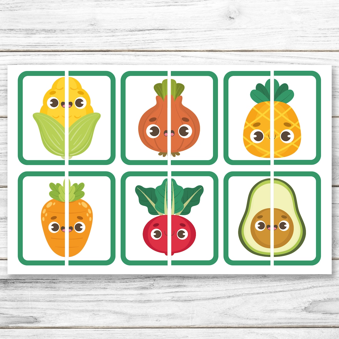 Vegetable and Fruit Matching Puzzle Printable Flashcards - Digital ...