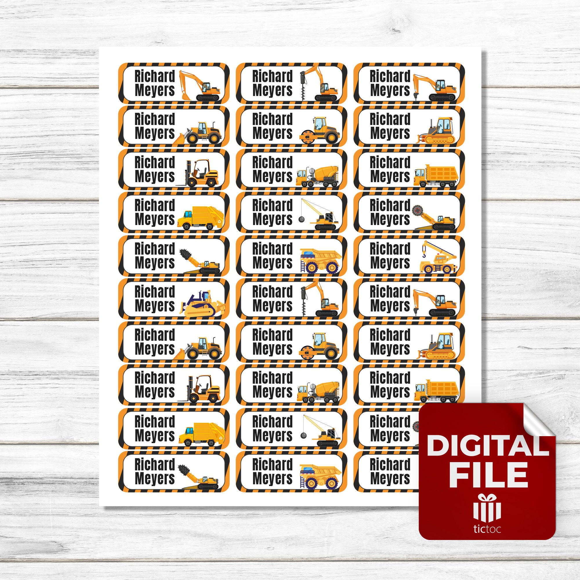 Personalized School Construction Tools Digital Printable Labels ...