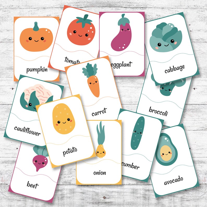 24 PDF Digital Printable Vegetables Cards, Vegetables Flashcards ...