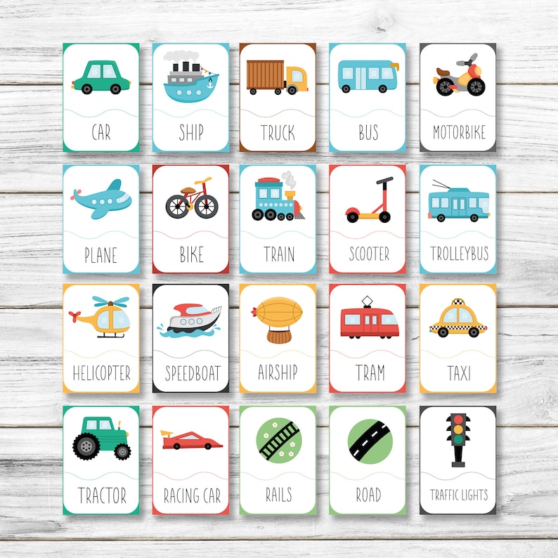Transportation Cards - Preschool Printable Flash Cards - Transportation ...