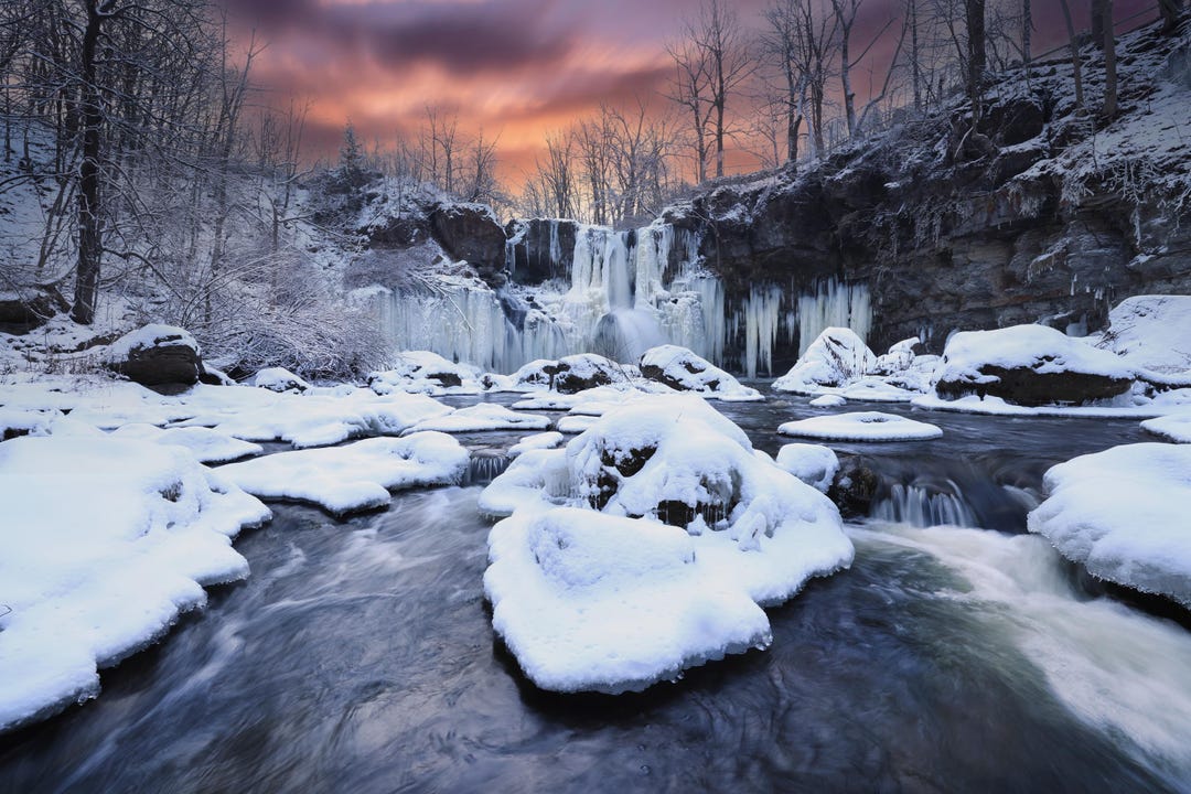 Akron Falls Winter Sunrise Photo: Snowy Waterfall Landscape Art - Etsy