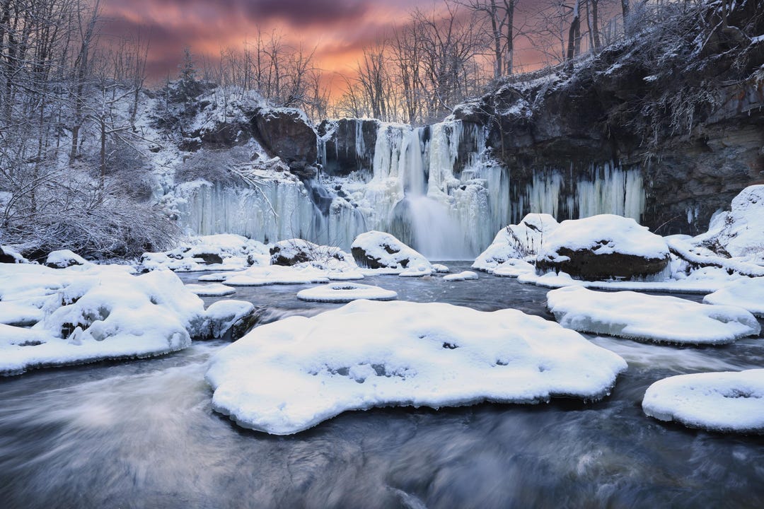 Akron Falls Winter Landscape Print: Snowy Waterfall Nature Photography ...