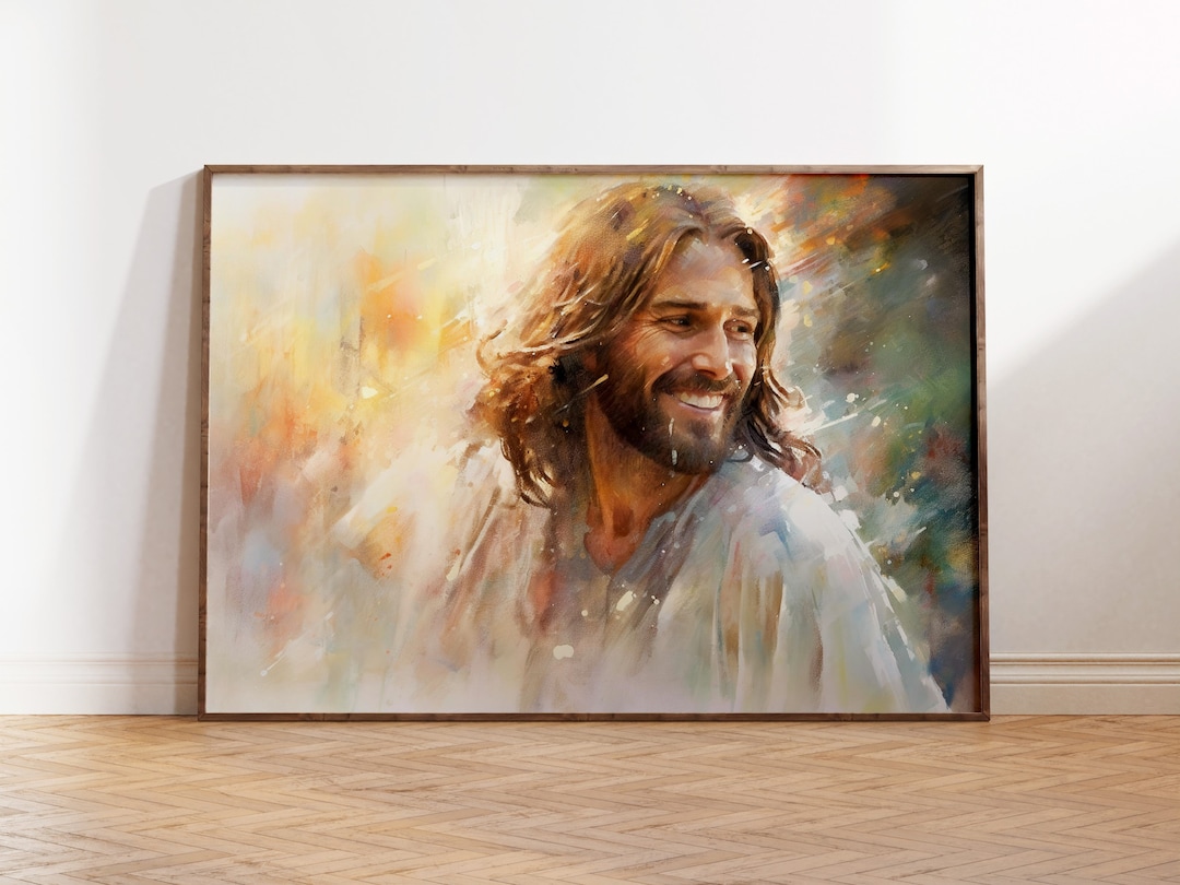 Smiling Jesus Christ Portrait: Christian Watercolor Art Poster - Etsy