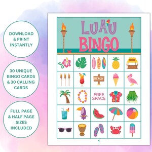 30 Printable Luau Themed Bingo Cards | Hawaiian Luau Party Games ...