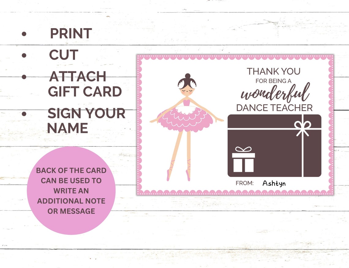 Printable Dance Teacher Thank You Card | Gift Card Holder | Dance ...