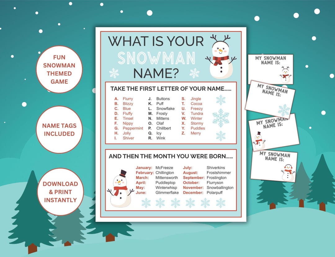 What's Your Snowman Name Printable Name Generator Game With Name Tags ...