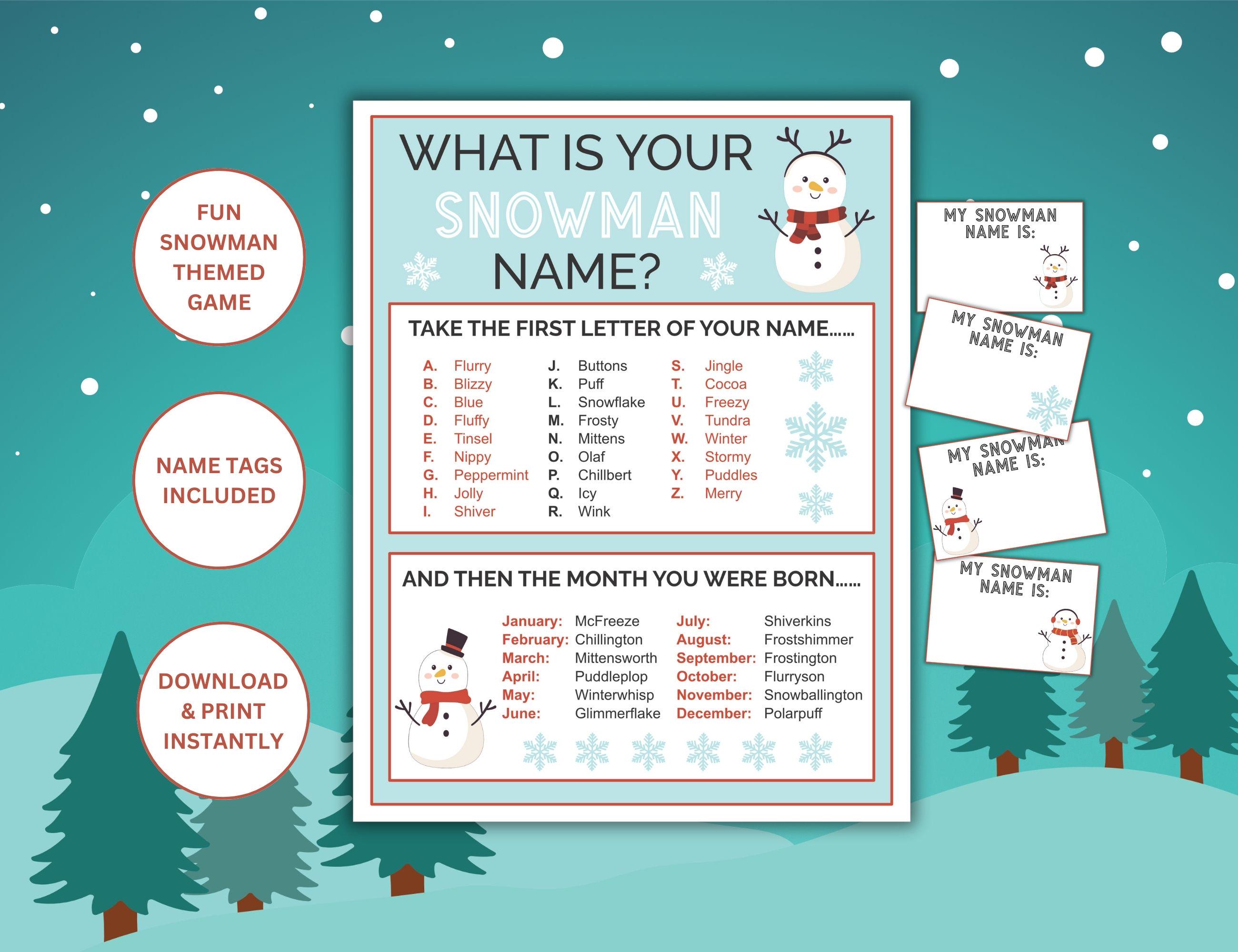 What's Your Snowman Name Printable Name Generator Game With Name Tags ...