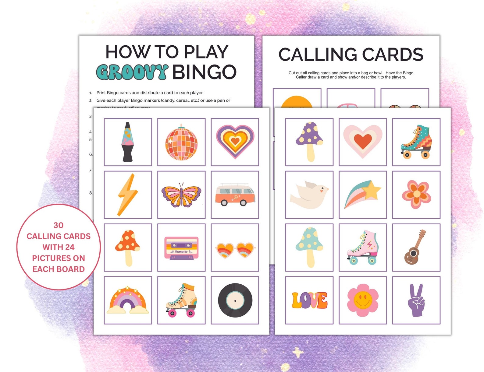 30 Printable Groovy Themed Bingo Cards | Retro Party Games | Retro 70s ...