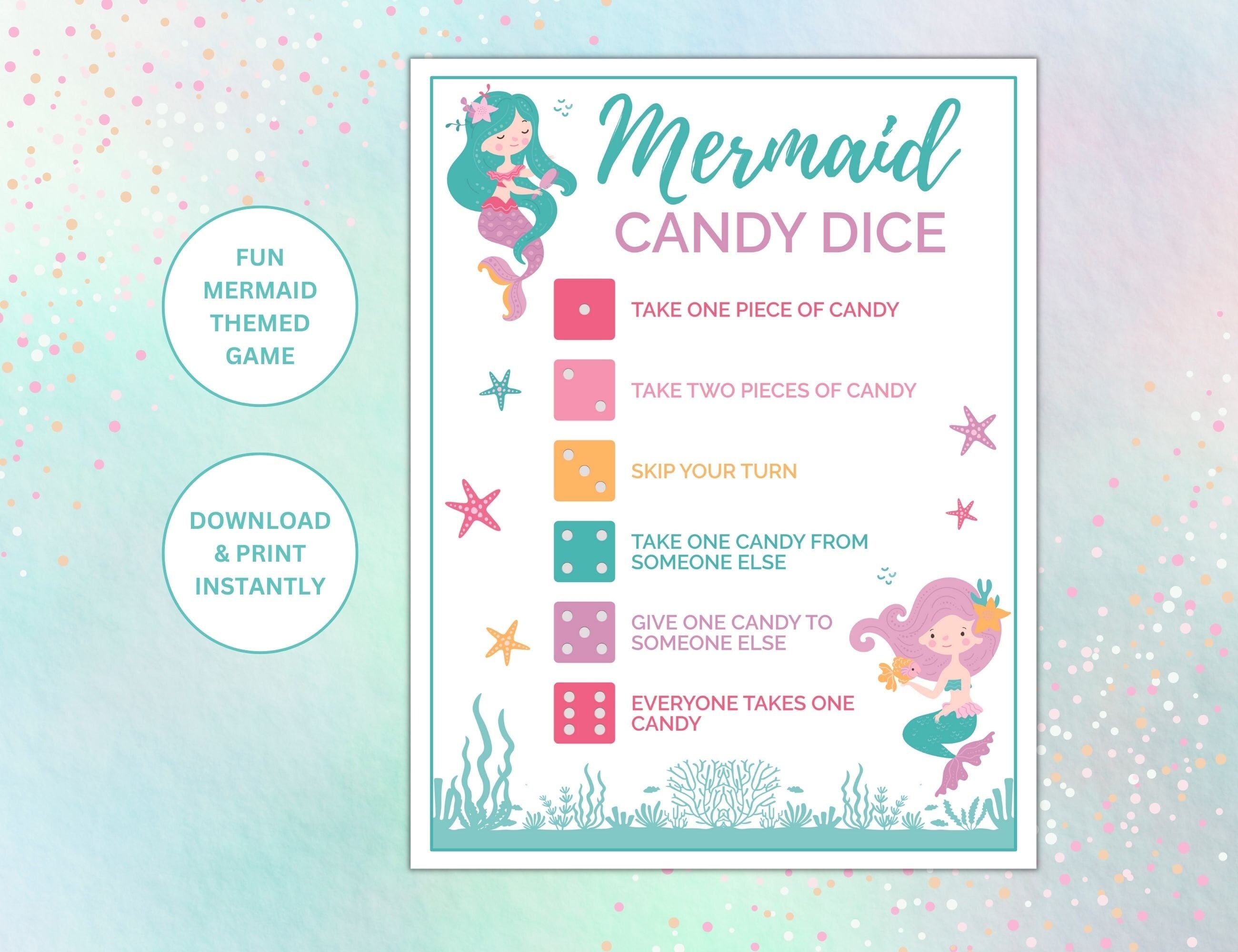 Mermaid Candy Dice Printable Game | Mermaid Themed Party Game | DIY ...