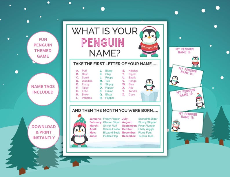 What's Your Penguin Name Printable Game | Penguin Themed Party Game ...