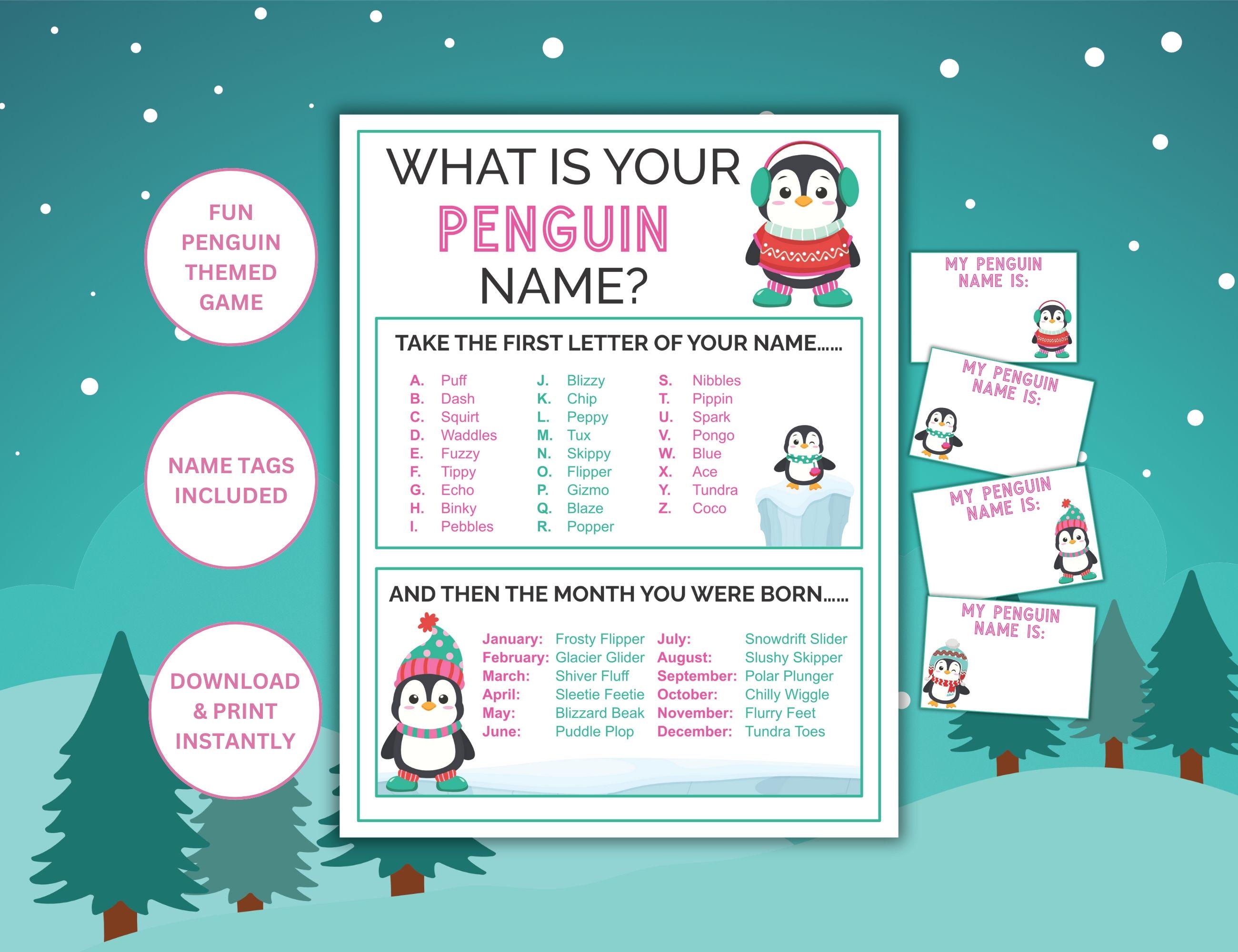 What's Your Penguin Name Printable Game | Penguin Themed Party Game ...